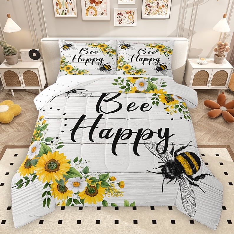 Homewish Happy Bee Kid Queen Comforter Set, Rustic Sunflower Floral ...