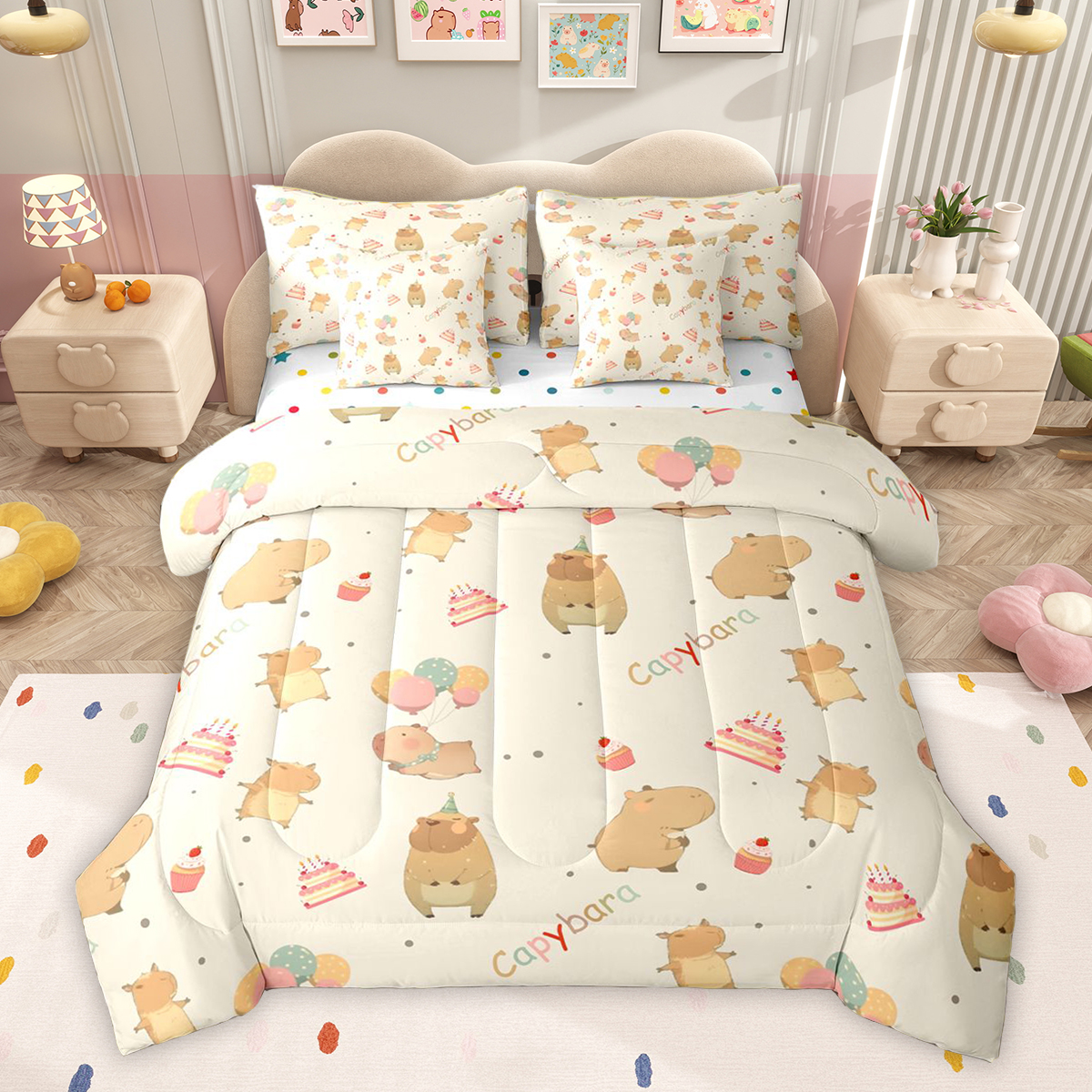 Homewish Happy Birthday Party Twin Bedding Sets 7-Piece, Kawaii Cartoon ...