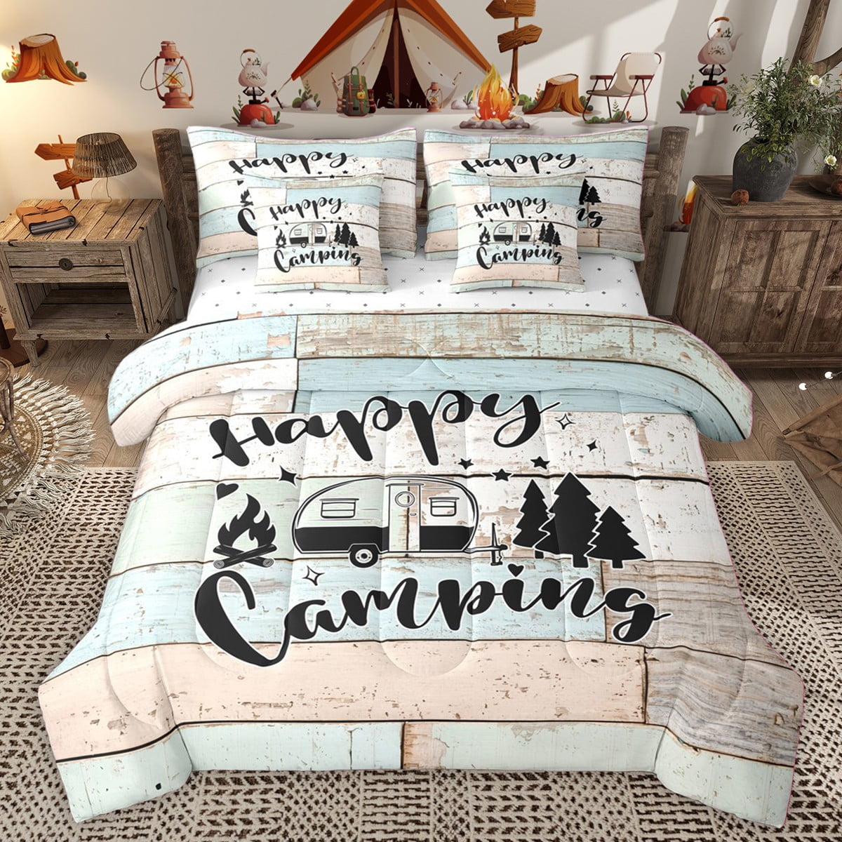 Homewish Happy Camping Bedding Comforter Set 7 Pieces for Teens Boys ...