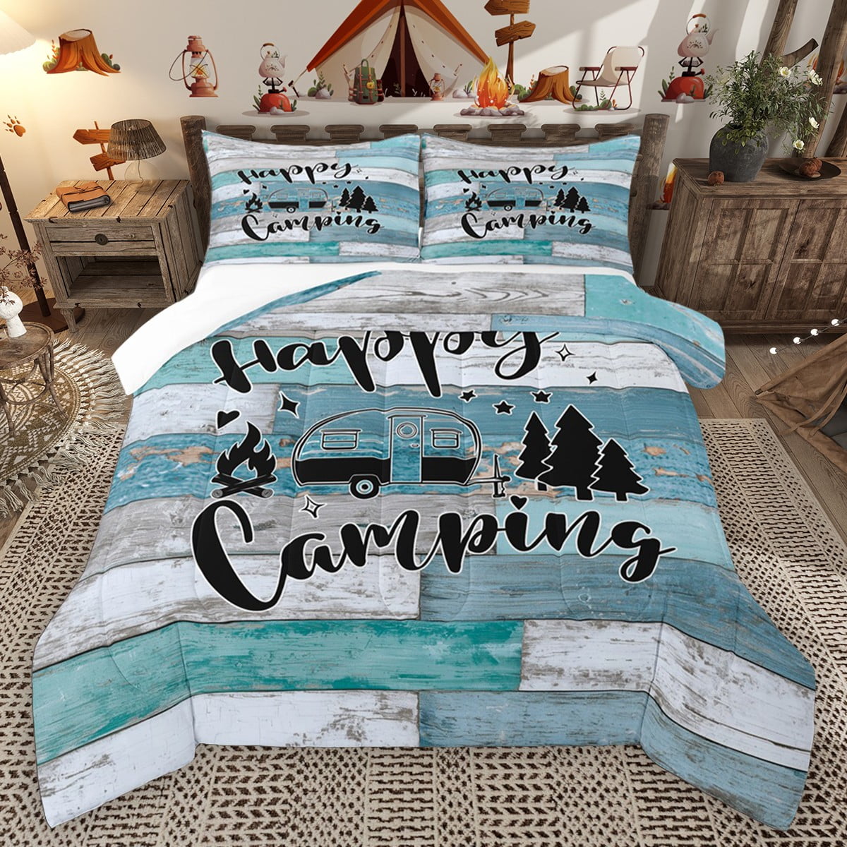 Homewish Happy Camping Full Size Comforter Sets 3-Piece for Kids ...