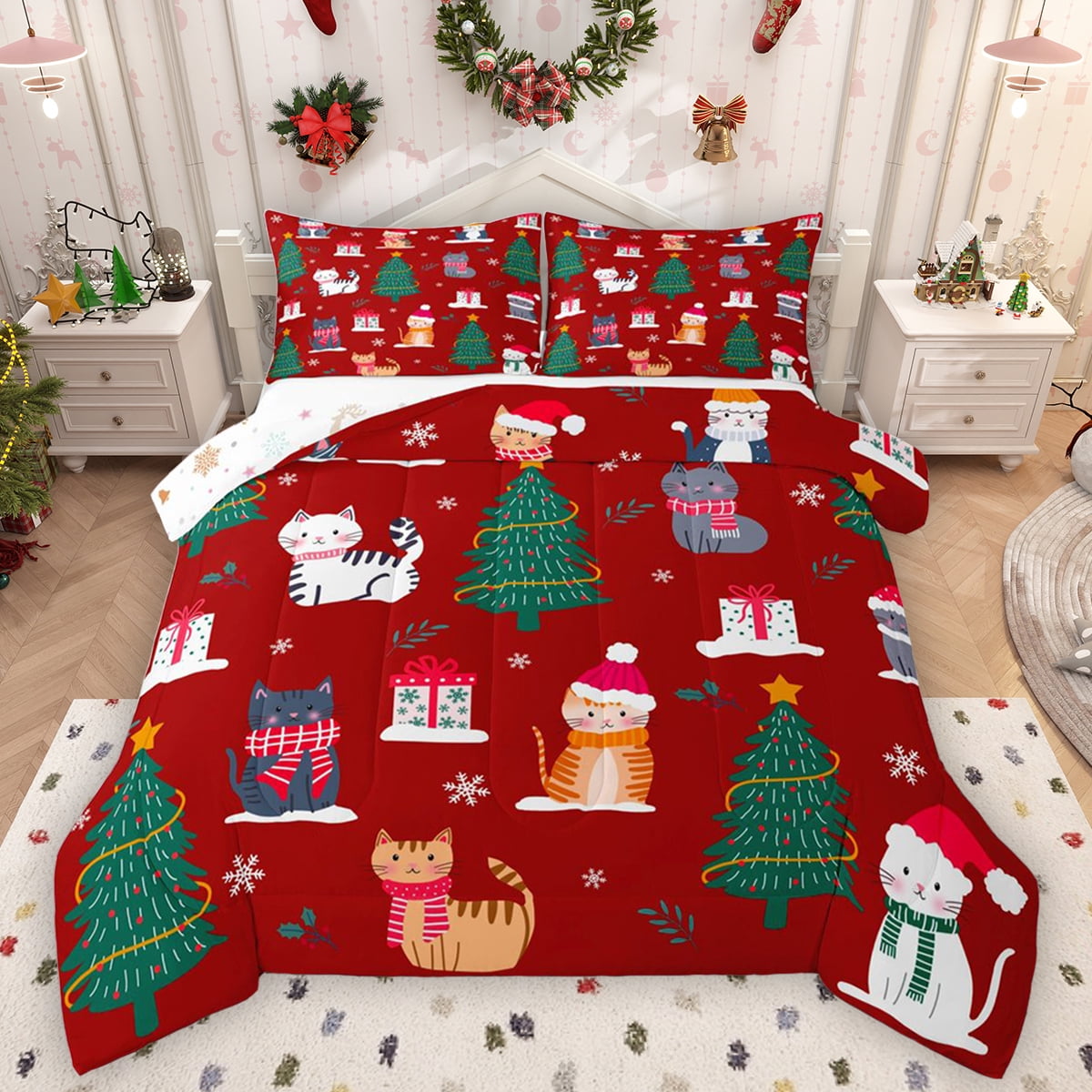 Homewish Happy New Year Queen Comforter Set,Merry Xmas Cat Bedding Sets ...