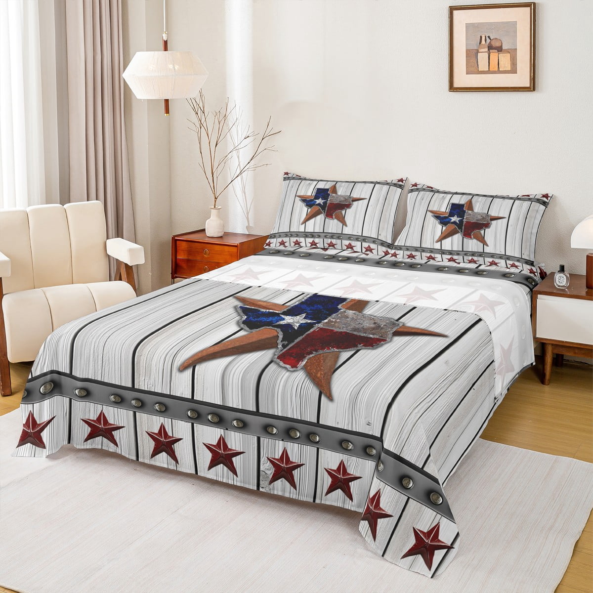 Homewish Hippie Texas Stars Full Size Sheets, Grey Wooden Plank Bed ...
