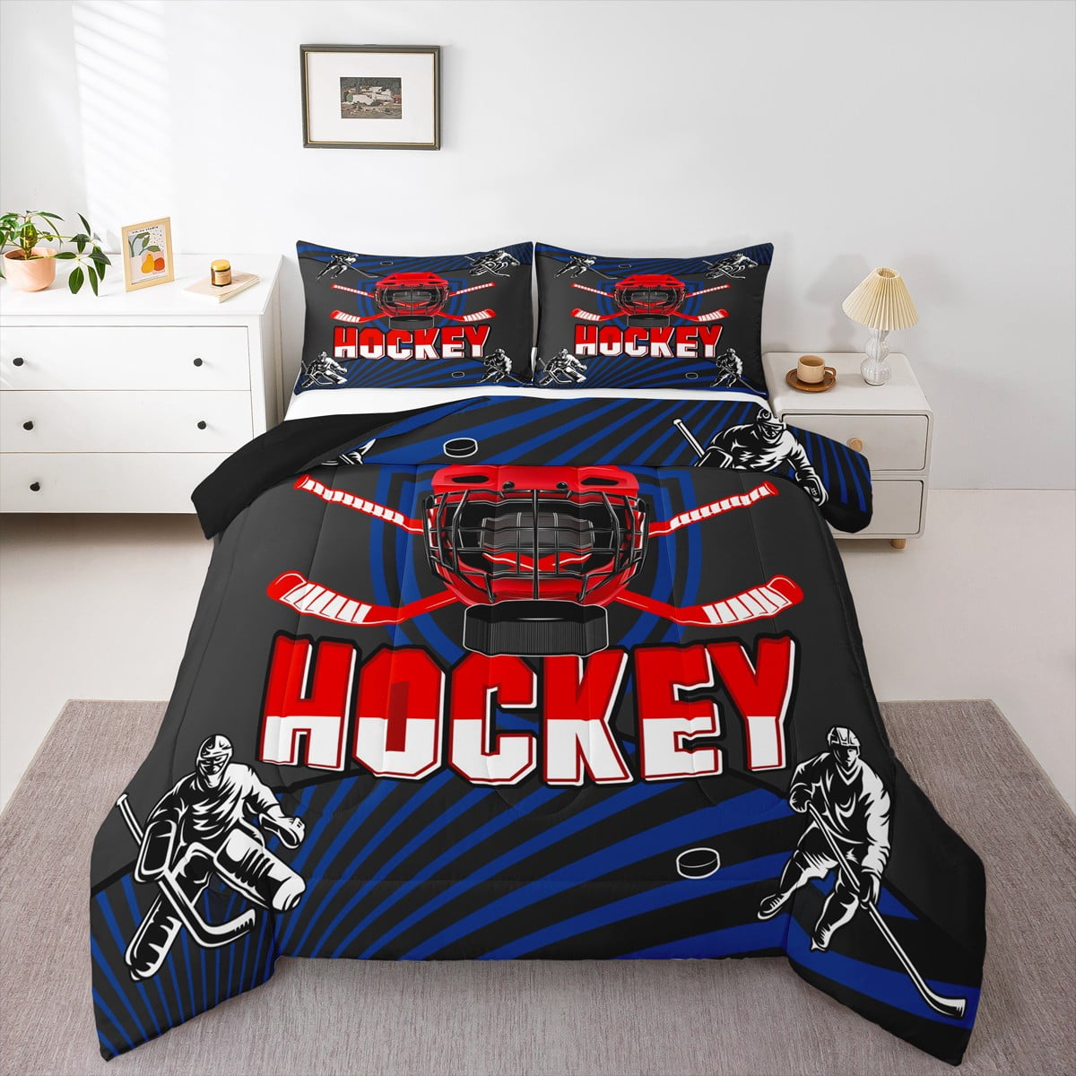 Homewish Hockey Theme Queen Comforter Set,Ice Hockey Helmet Bedding ...