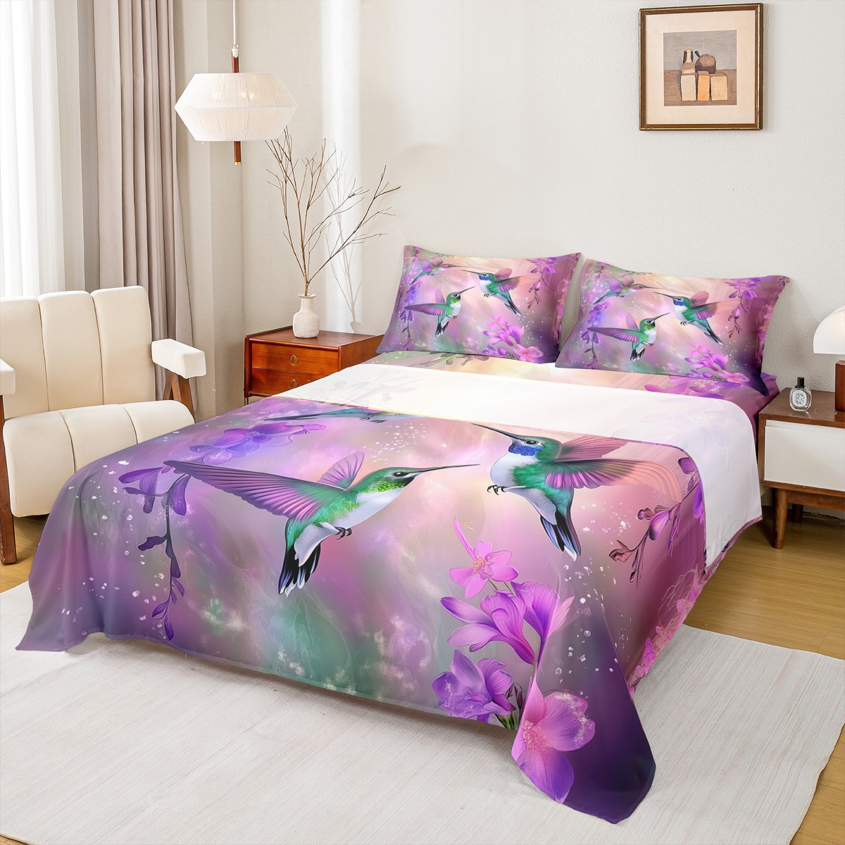 Homewish Hummingbird Bird Bed Sheets, Dreamy Purple Flower Floral King ...