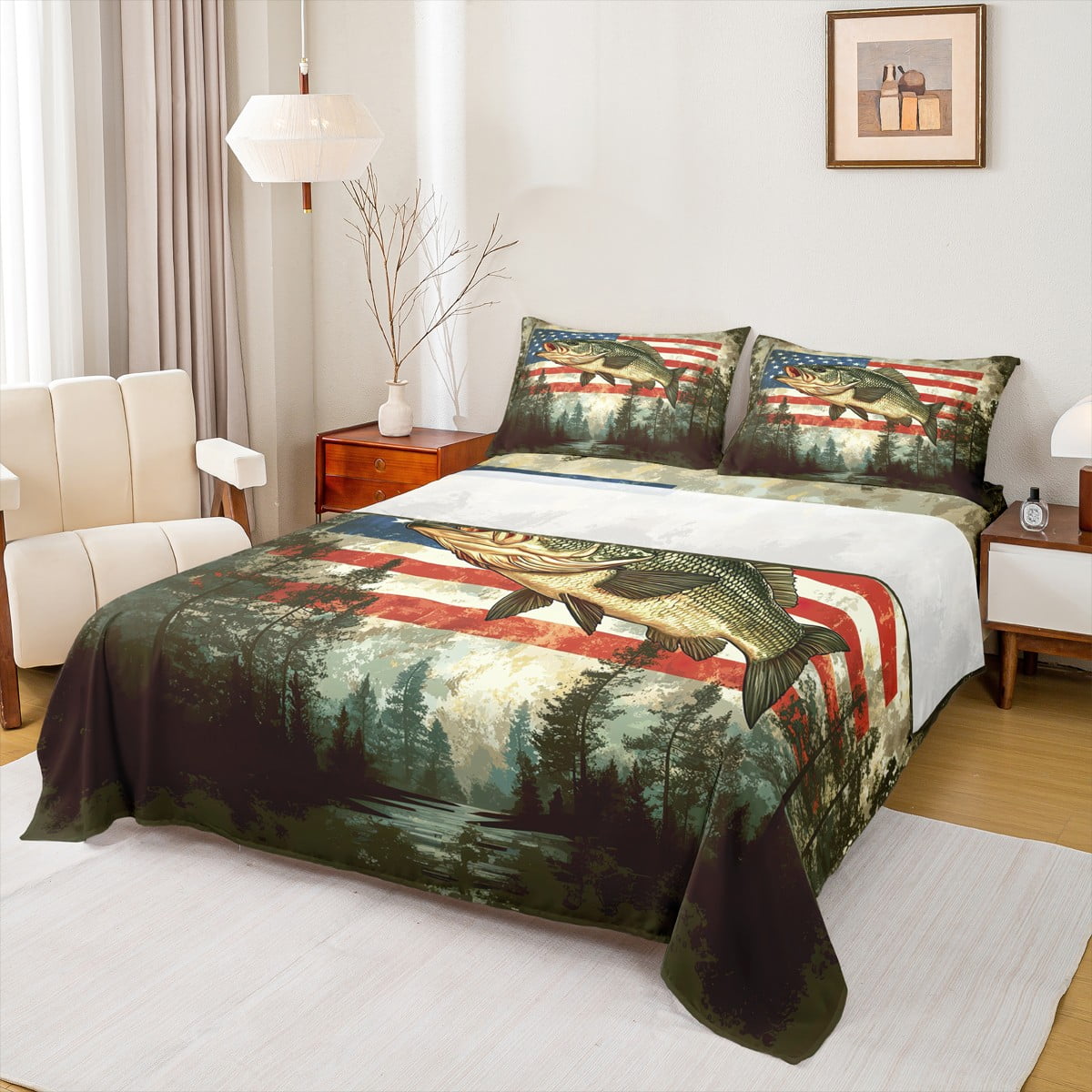 Homewish Hunting Pike Fish Full Size Sheets for Adult, Rustic Farmhouse ...