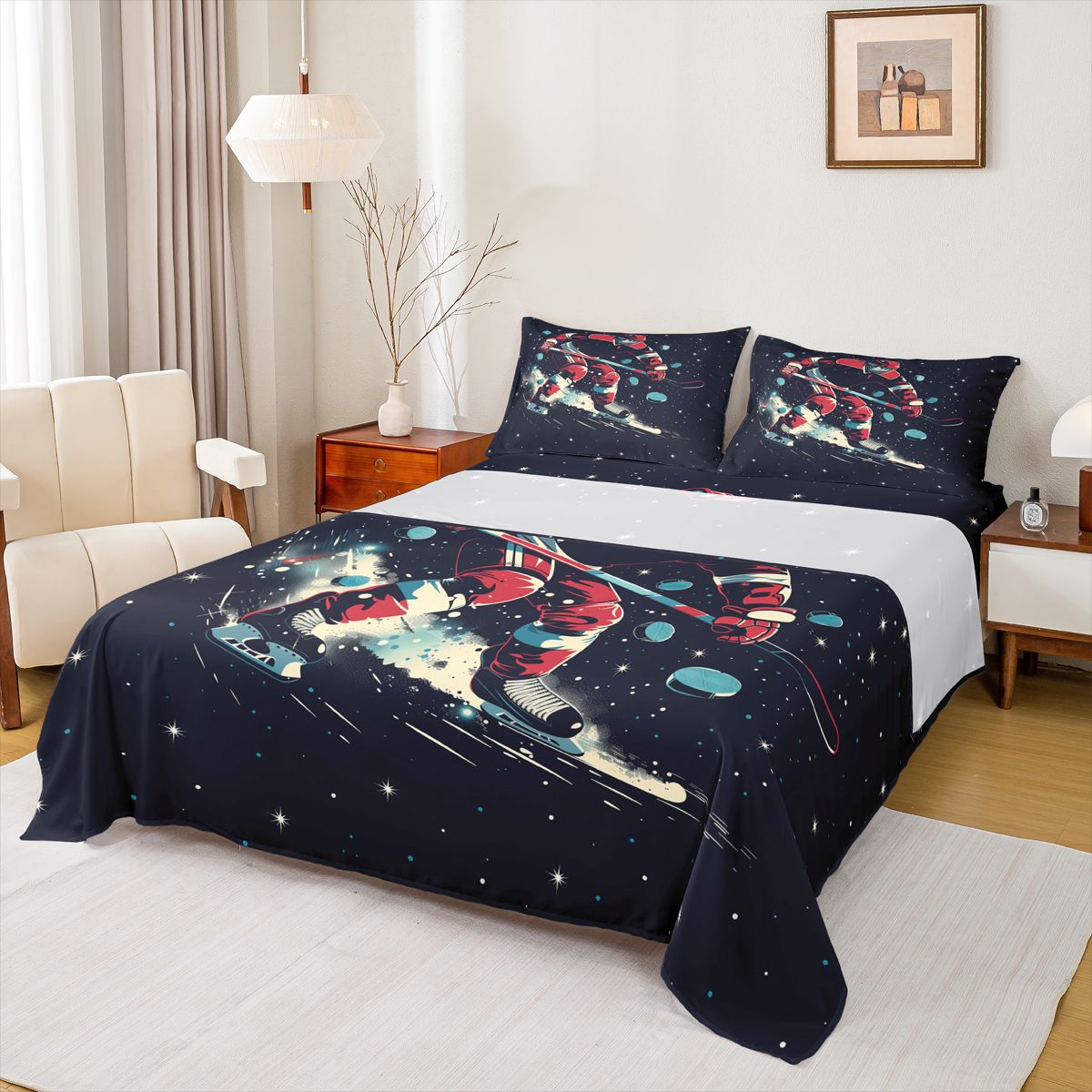 Homewish Ice Hockey Athlete Bed Sheets for Kids, Glitter Cartoon Stars ...