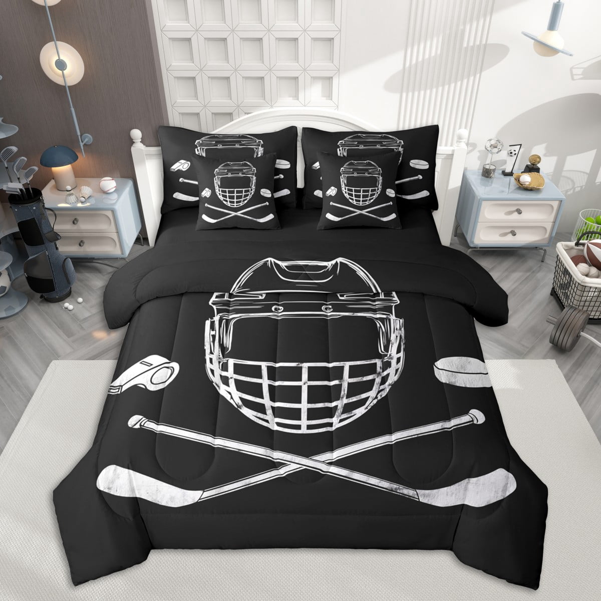 Homewish Ice Hockey Bedding Comforter Set 7 Pieces for Boys, Gray Black ...