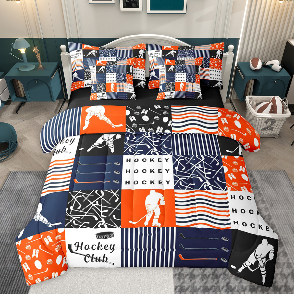 Homewish Ice Hockey Club Bedding Comforter Set 7pcs for Kids, Blue ...