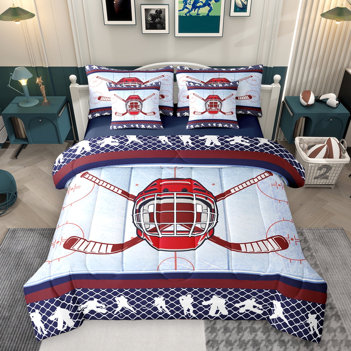 Homewish Ice Hockey Game 7pcs Bedding Comforter Set,Sport Helmet Queen ...