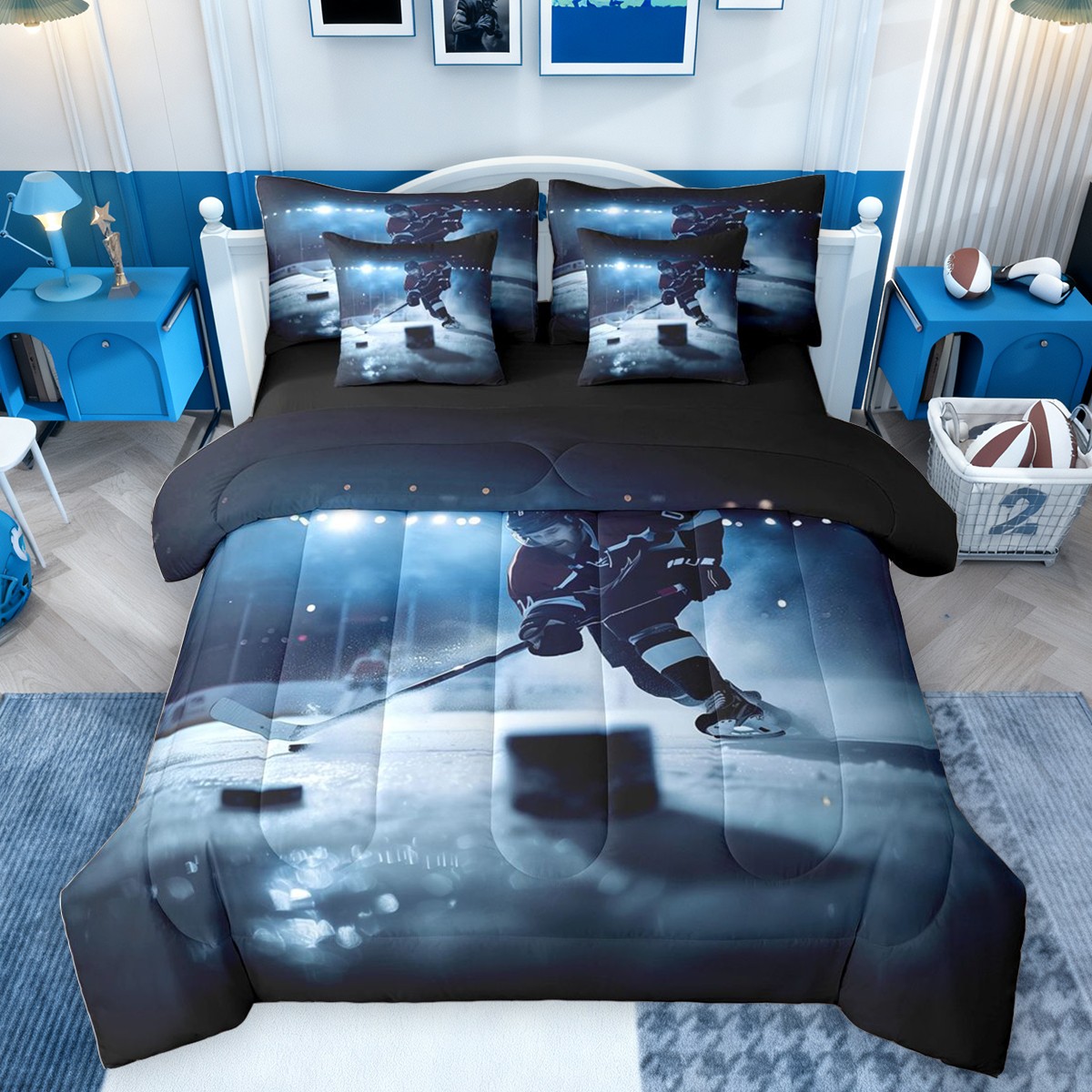 Homewish Ice Hockey Gamer Bedding Comforter Set 7-Piece for Boys,Sport ...