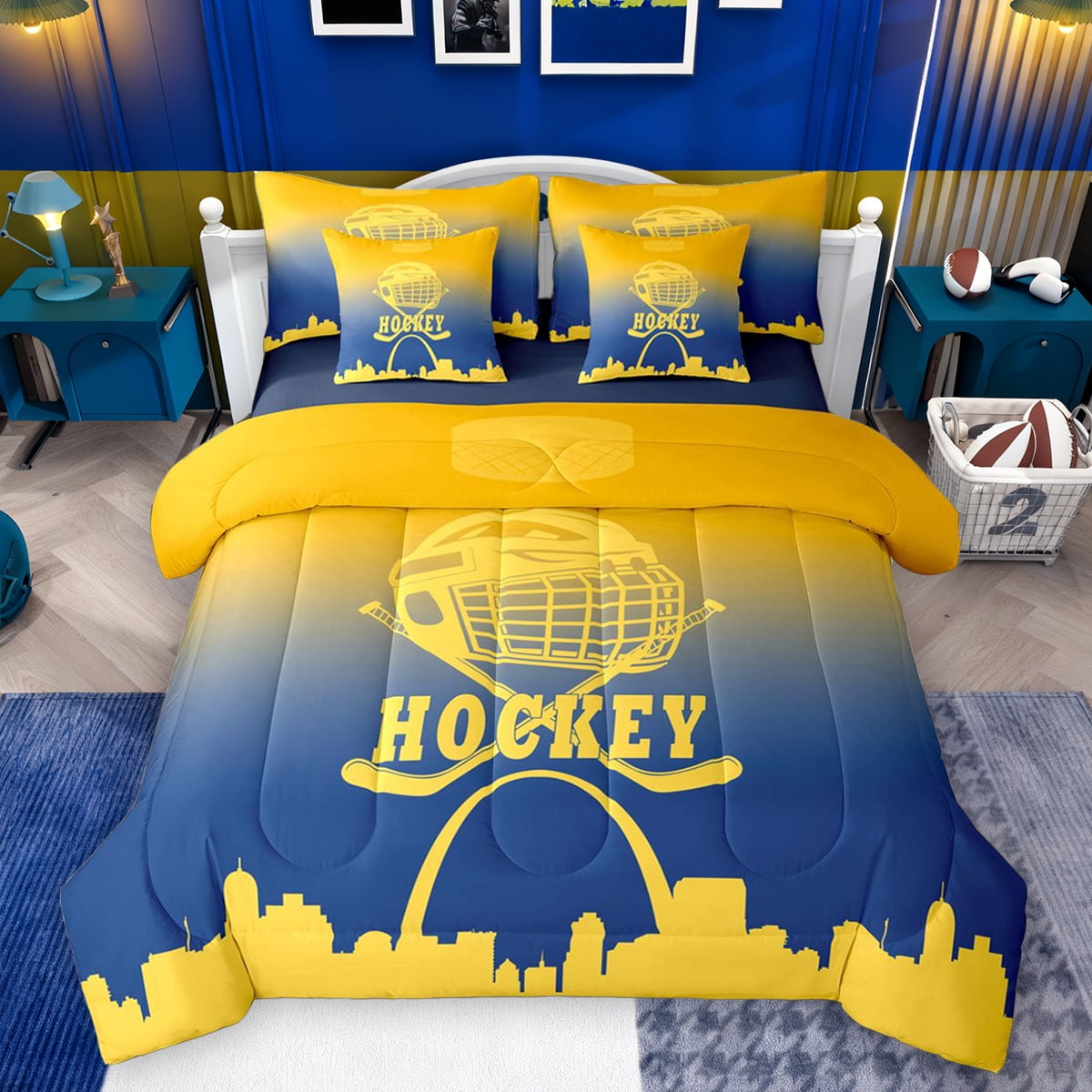 Homewish Ice Hockey Helmet Bedding Comforter Set 7 Pieces for Boy, Eat ...