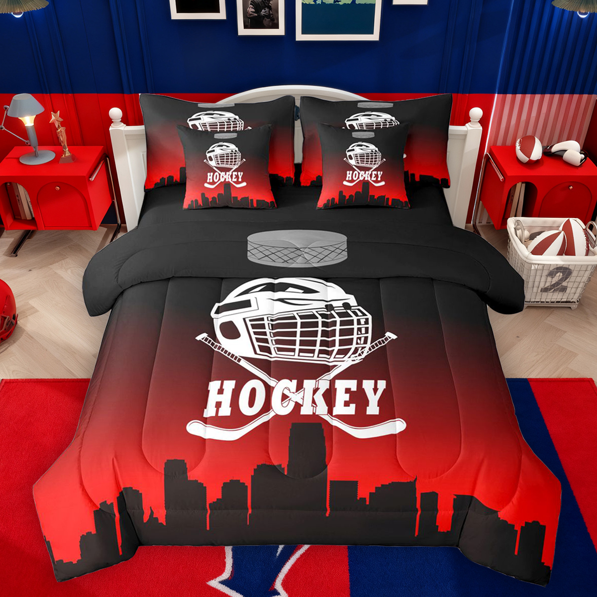 Homewish Ice Hockey Helmet Bedding Comforter Set 7pcs for Boy, Eat ...