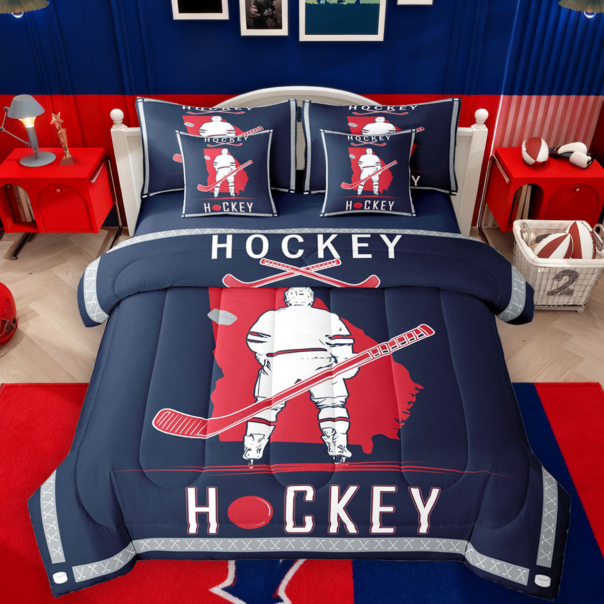 Homewish Ice Hockey Lover 7 Pieces Bedding Comforter Set,Hockey Stick ...