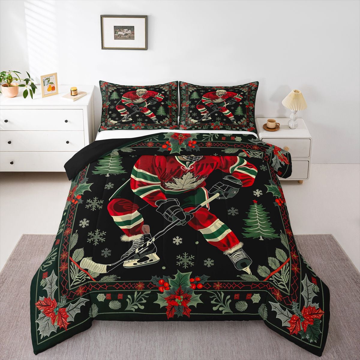 Homewish Ice Hockey Sport Full Size Comforter Sets,Red Berry Christmas ...