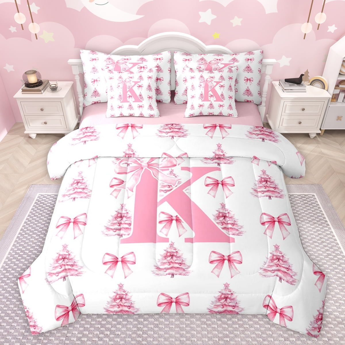 Homewish Initial K Letter Bedding Comforter Set 7pcs for Kid, Pink ...