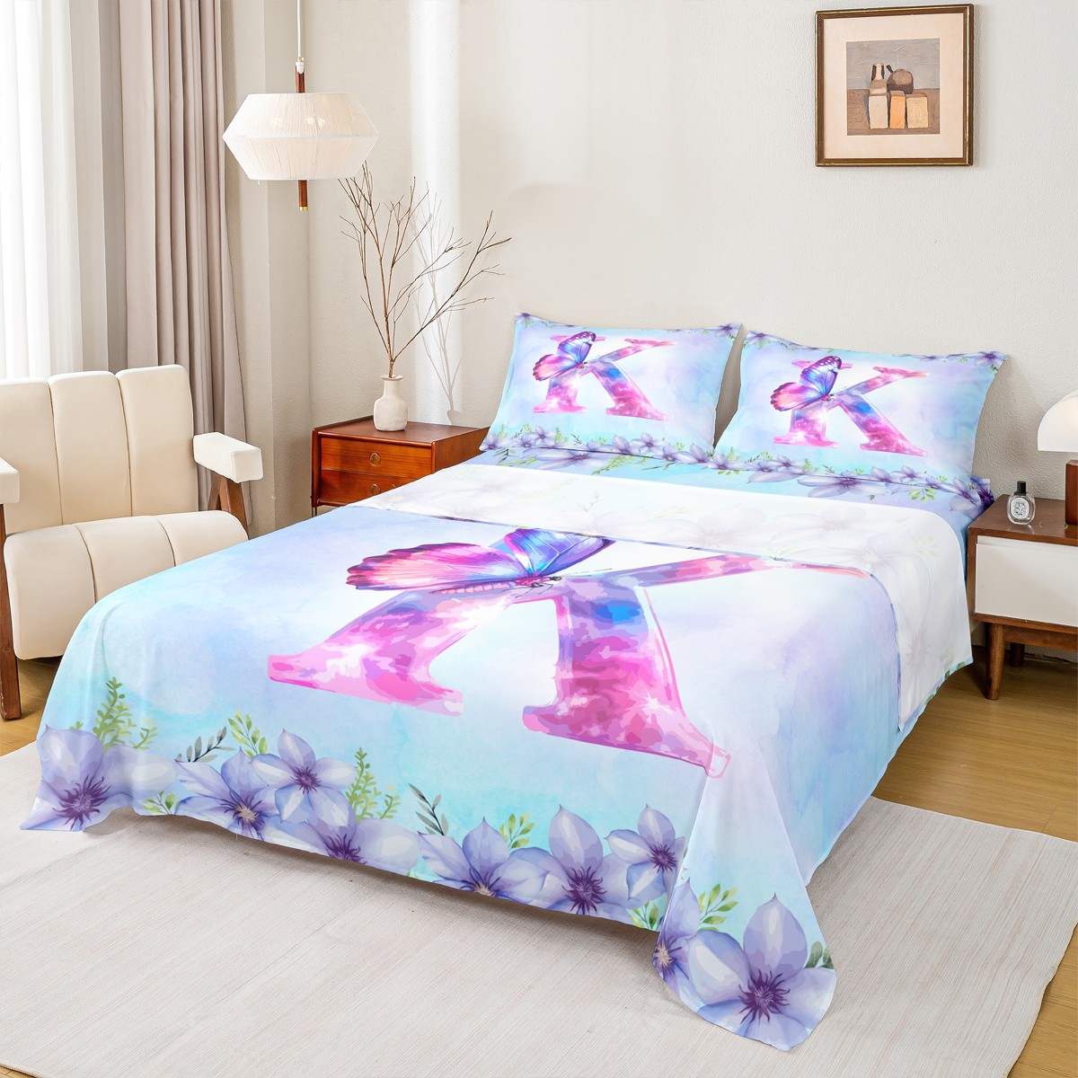 Homewish Initial K Letter Queen Sheet Sets for Teens, Magic Butterfly ...