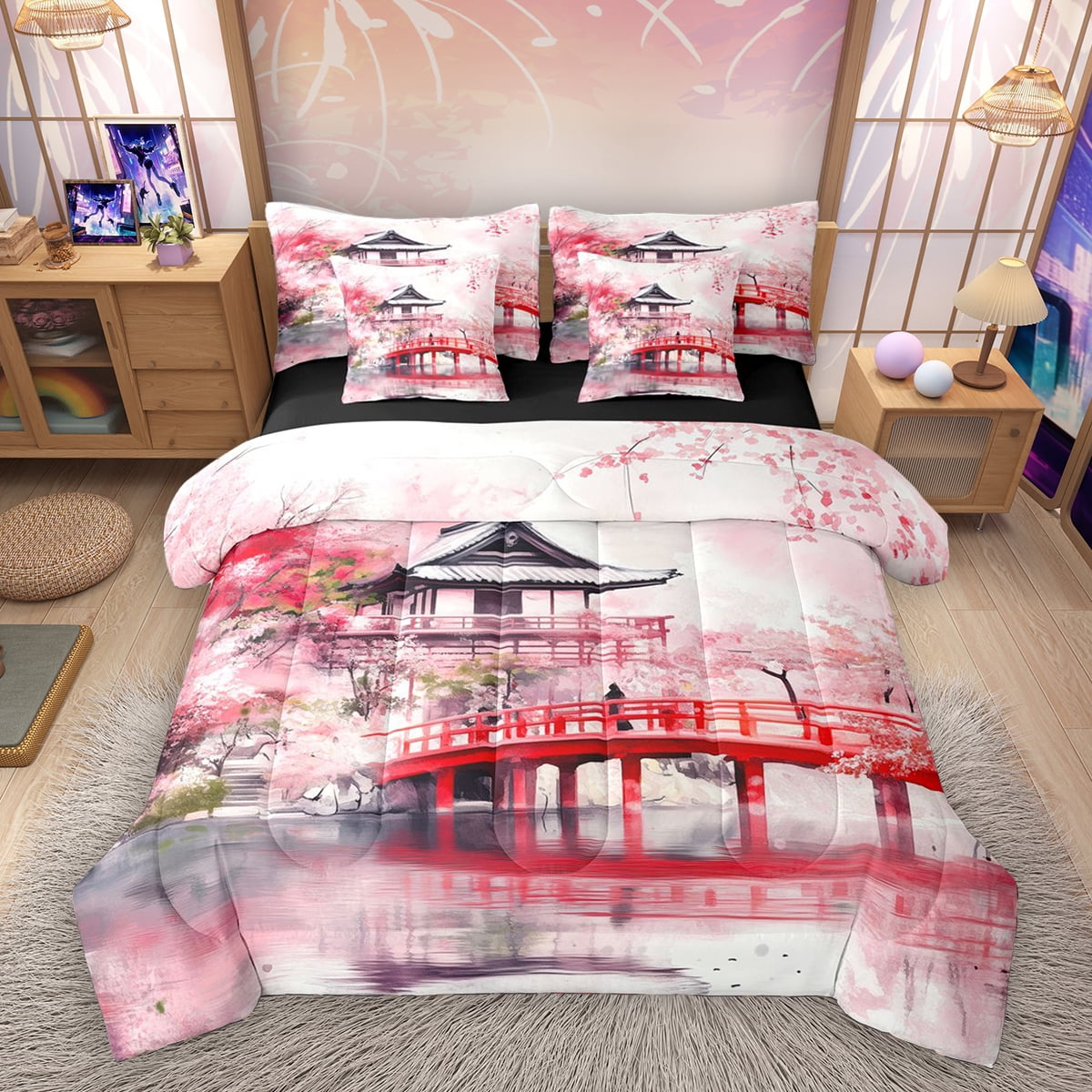 Homewish Japan Bridge Architecture 7-Piece Twin Bedding Sets,Cherry ...