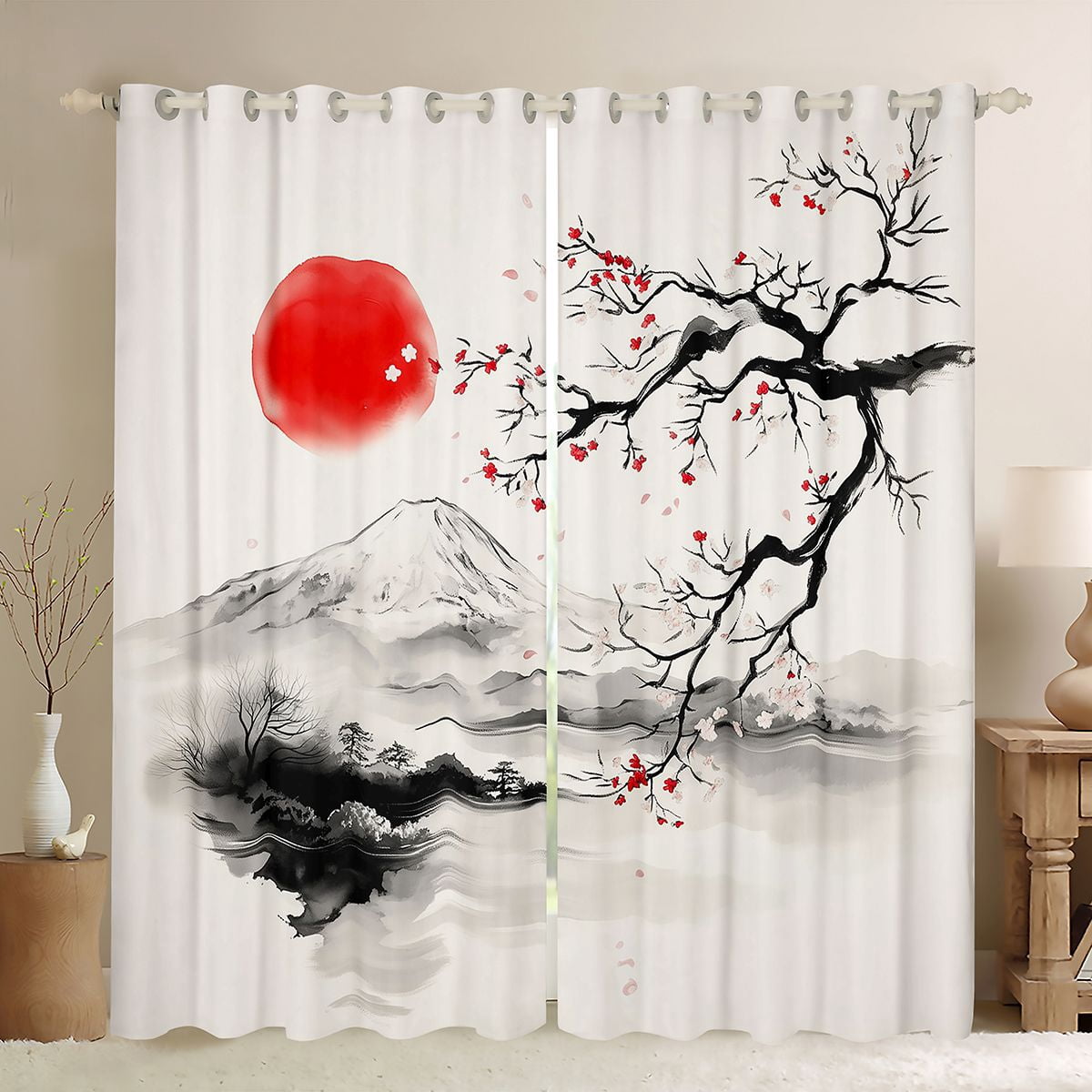 Homewish Japan Sakura Black Out Curtains,Exotic Style Curtains Pack of ...
