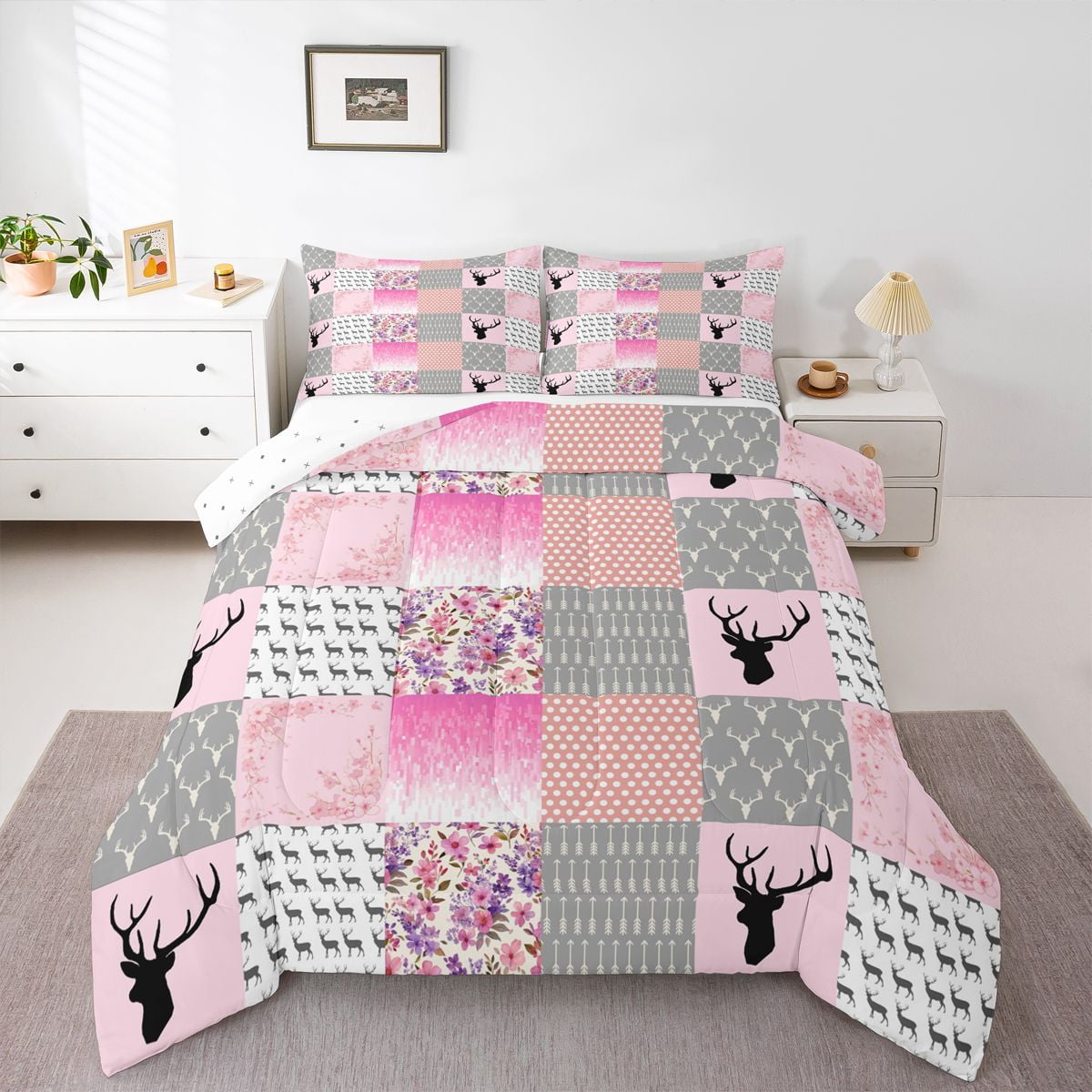 Homewish Jungle Animal Deer Queen Comforter Set,Colorful Rustic Flower ...