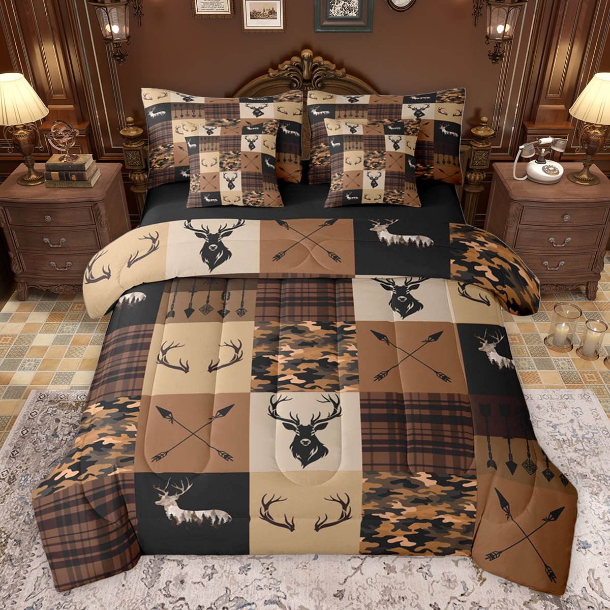 Homewish Jungle Deer Moose Bedding Comforter Set 7pcs for Men, Brown ...