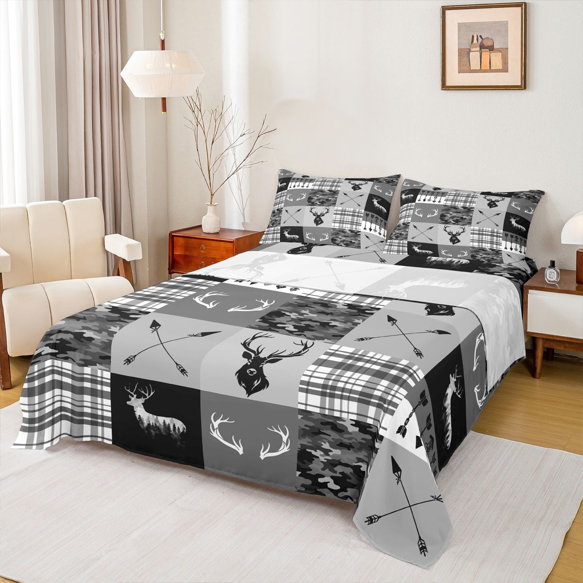 Homewish Jungle Deer Moose Full Size Sheets for Men, Grey Camo Buffalo ...