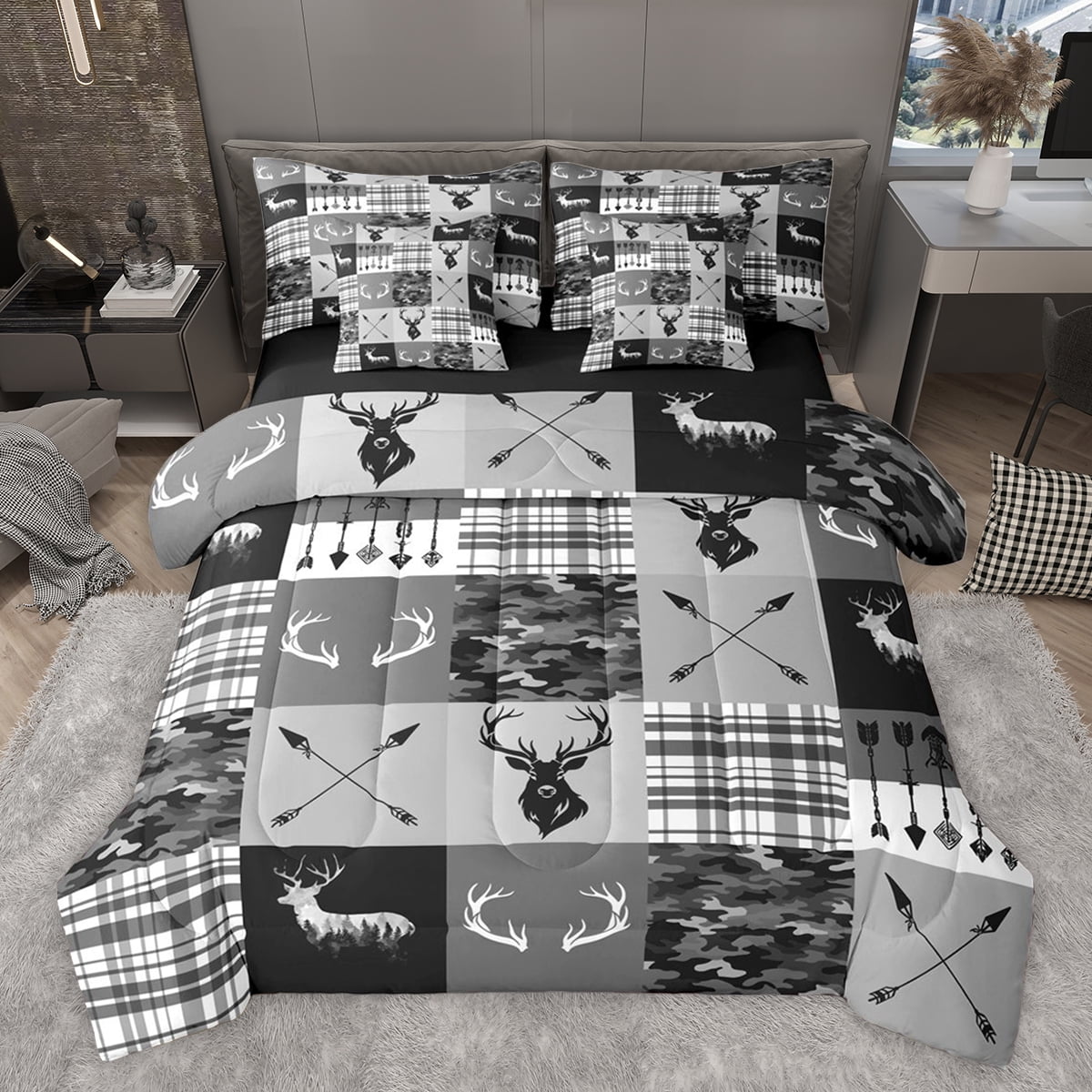Homewish Jungle Deer Moose Twin Bedding Sets 7-Piece for Men, Grey Camo ...