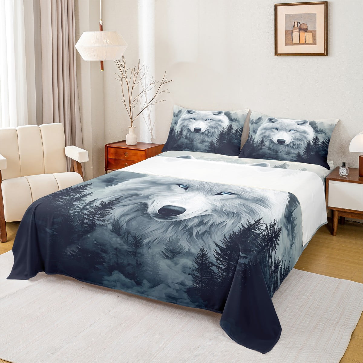 Homewish Jungle White Wolf Bed Sheets for Kids, Rustic Pine Tree ...