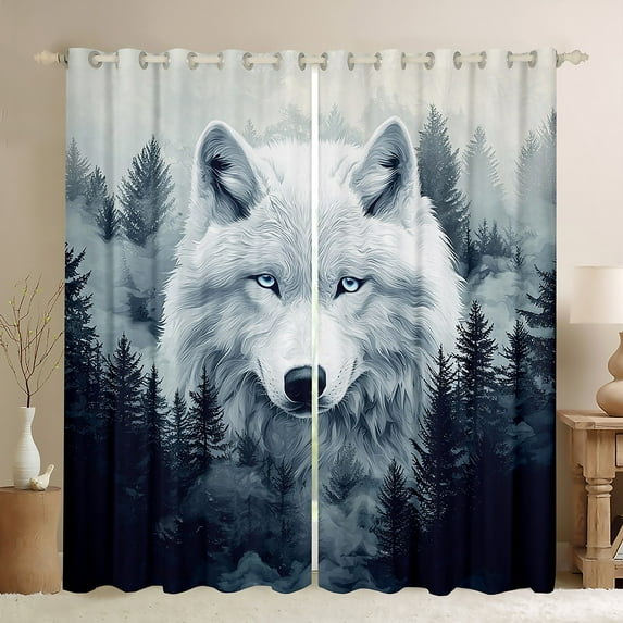 Homewish Jungle White Wolf Black Out Curtains for Kids, Rustic Pine ...