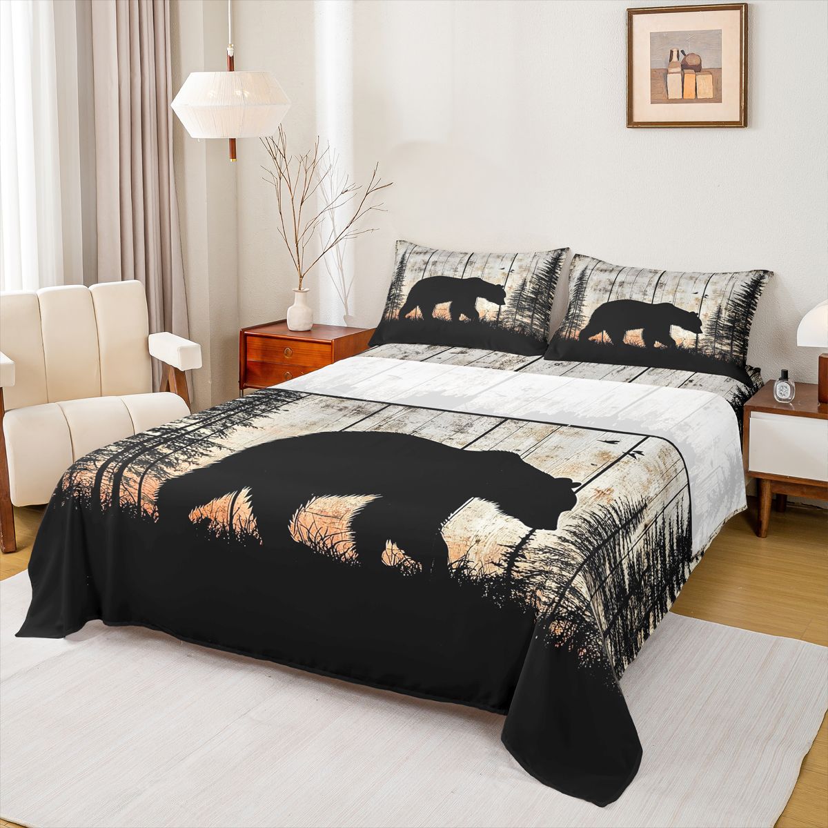 Homewish Jungle Wildlife Bear Full Size Sheets,Country Pine Tree Bed ...