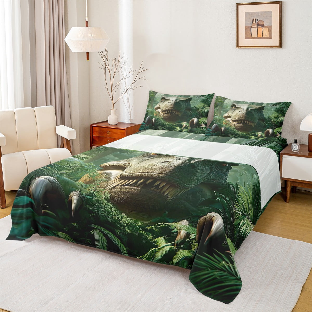 Homewish Jungle Wildlife Dinosaur Full Size Sheets, Green Plant ...