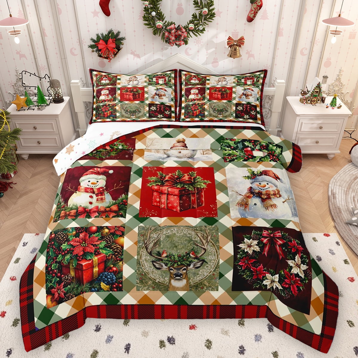 Homewish Jungle Xmas Reindeer Queen Comforter Set,Red Berry Christmas ...