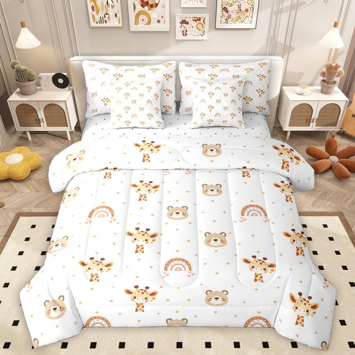 Homewish Kawaii Bear Giraffe 7-Piece Bedding Comforter Set For Preppy ...