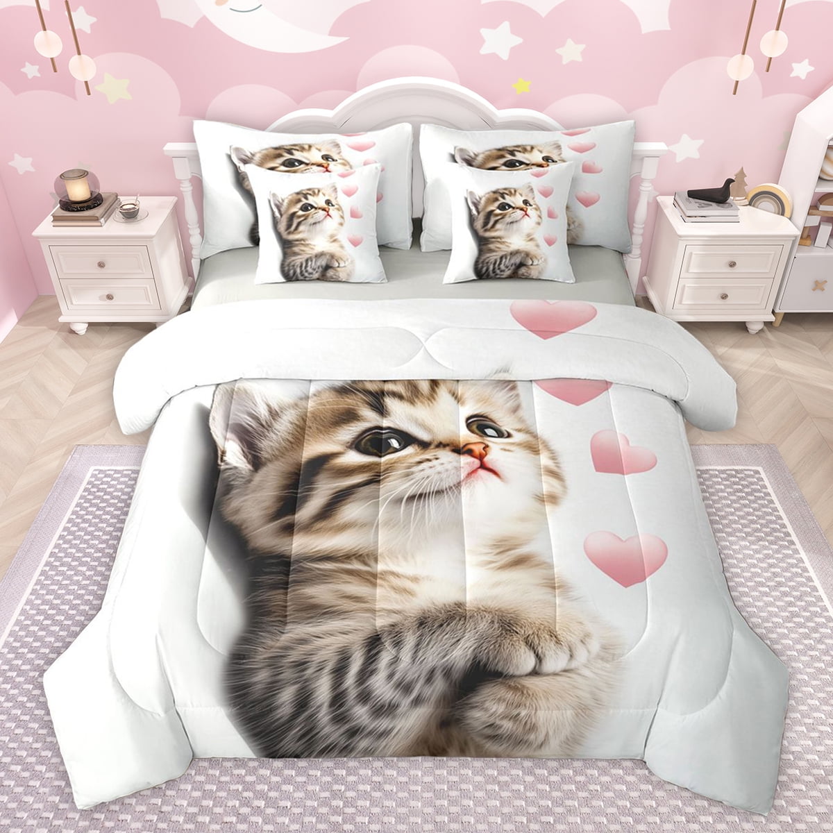 Homewish Kawaii Cartoon Cat Bedding Comforter Set 7 Pieces for Teen ...