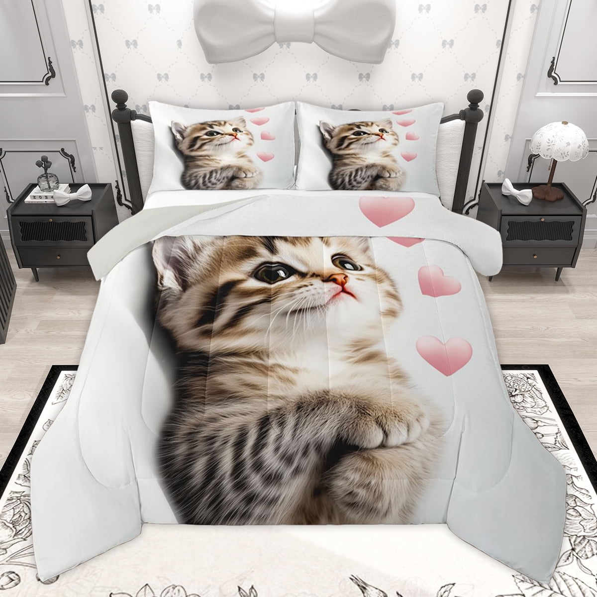 Homewish Kawaii Cartoon Cat Queen Comforter Set for Teen, Cute Kitten ...