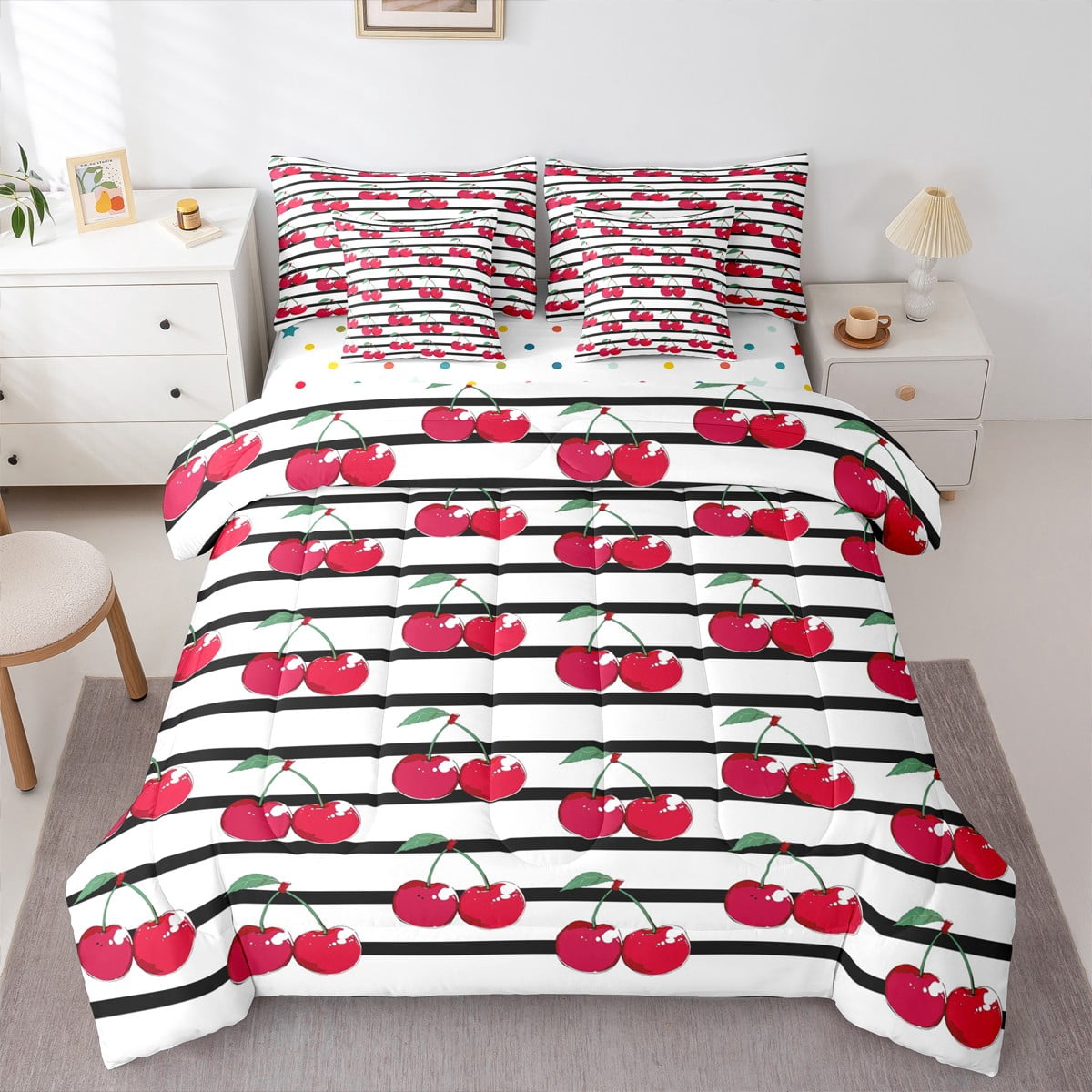 Homewish Kawaii Cartoon Cherry Bedding Comforter Set 7-Piece for Teen ...