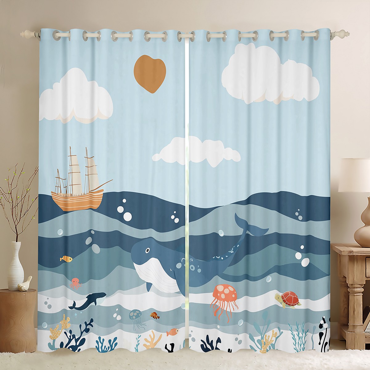 Homewish Kawaii Cartoon Whale Blackout Curtains Set of 2 (52x84 Each ...