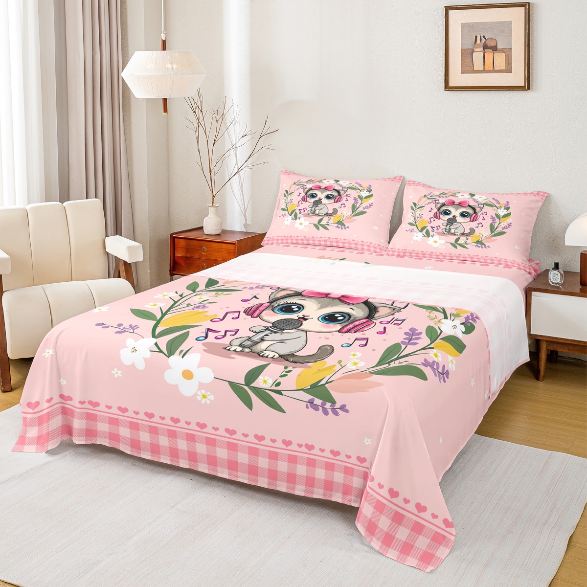 Homewish Kawaii Cat 4-Piece King Sheet Set, Dreamy Flower Floral ...