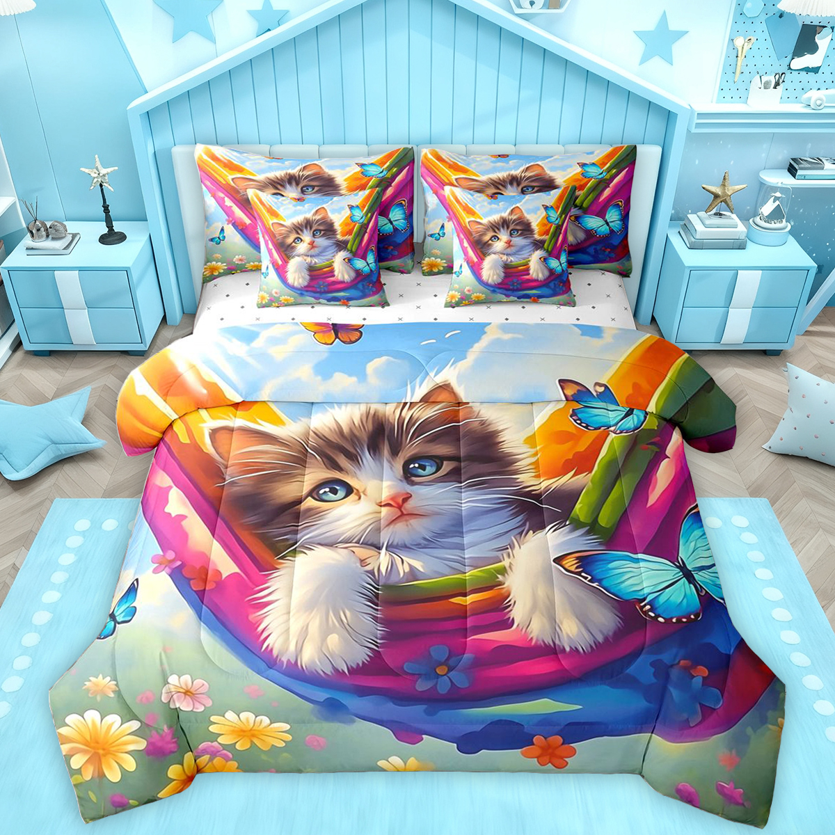 Homewish Kawaii Cat Kitten 7-Piece Bedding Comforter Set,Colorful Daisy ...