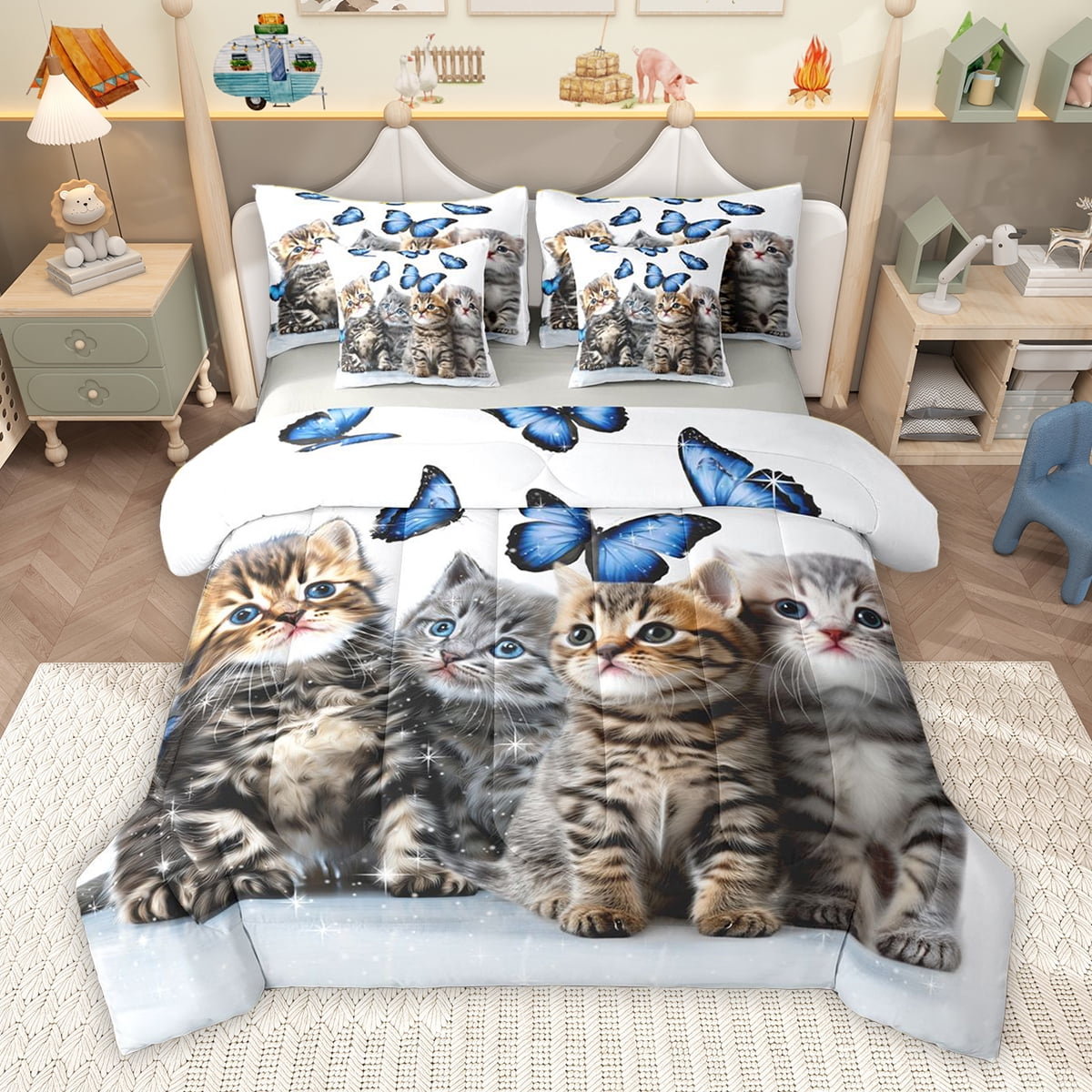 Homewish Kawaii Cat Kitten Bedding Comforter Set 7 Pieces, Dreamy Blue ...