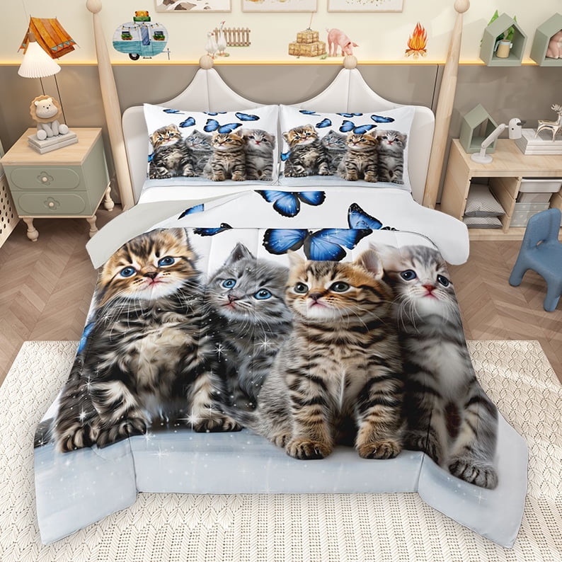 Homewish Kawaii Cat Kitten Bedding Comforter Set, Dreamy Blue Butterfly ...