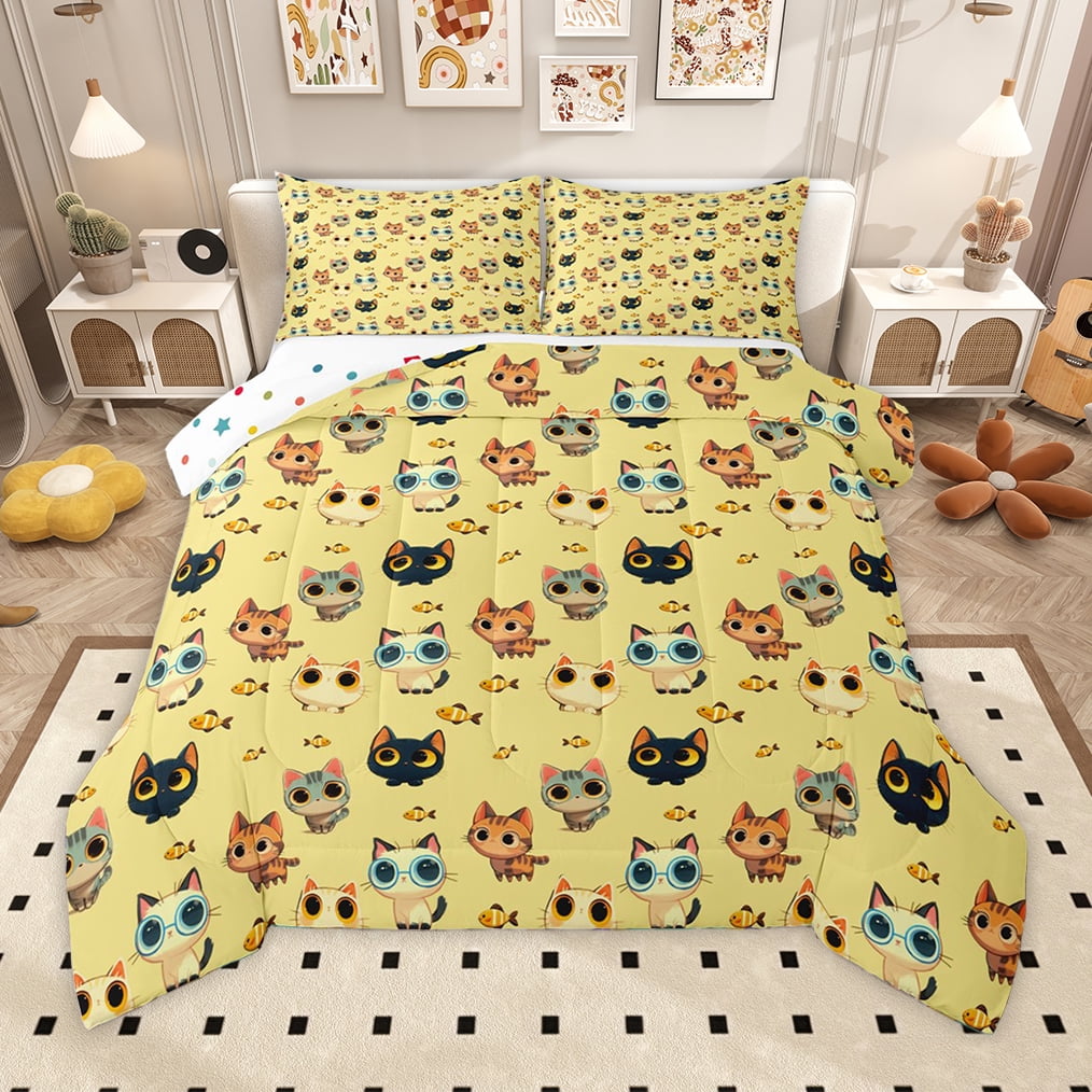 Homewish Kawaii Cat Kitten Queen Comforter Set,Cartoon Pet Animal ...