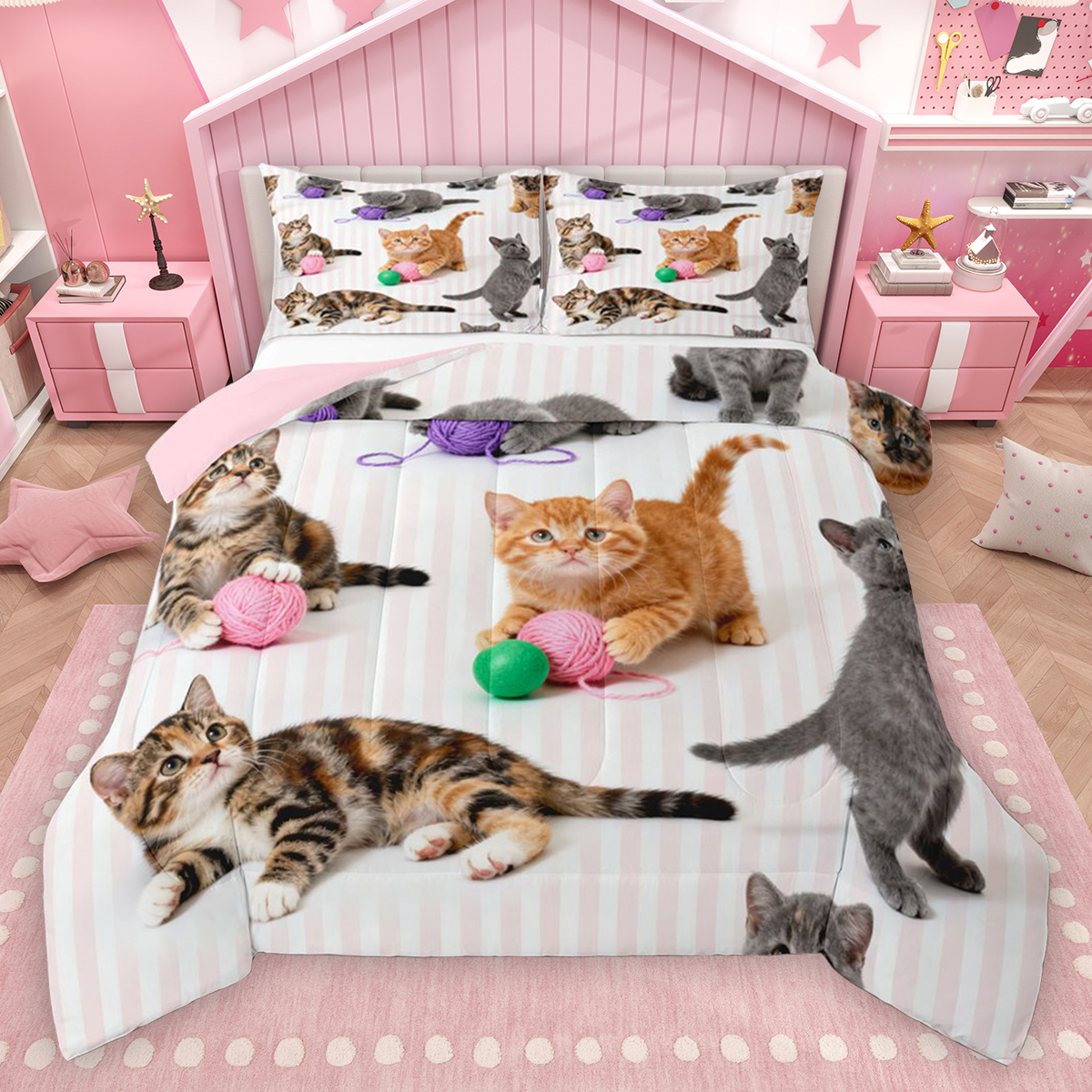 Homewish Kawaii Cat Kitten Queen Comforter Set,Pet Lover Bedding Sets ...