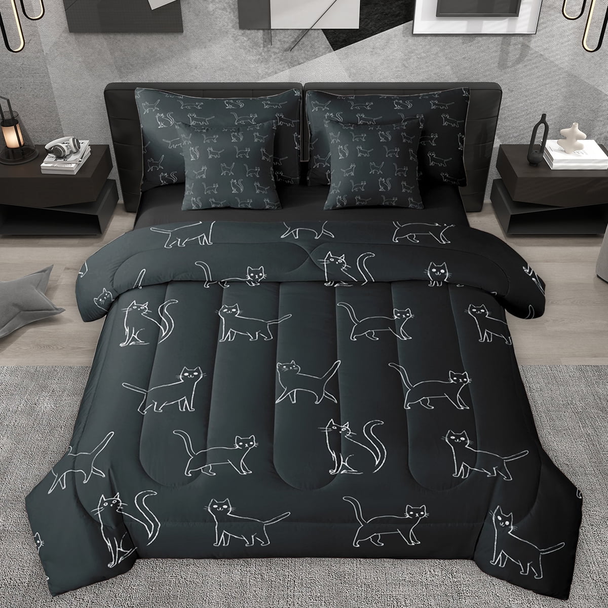 Homewish Kawaii Cat Print Bedding Comforter Set 7pcs for Teens, Cartoon ...