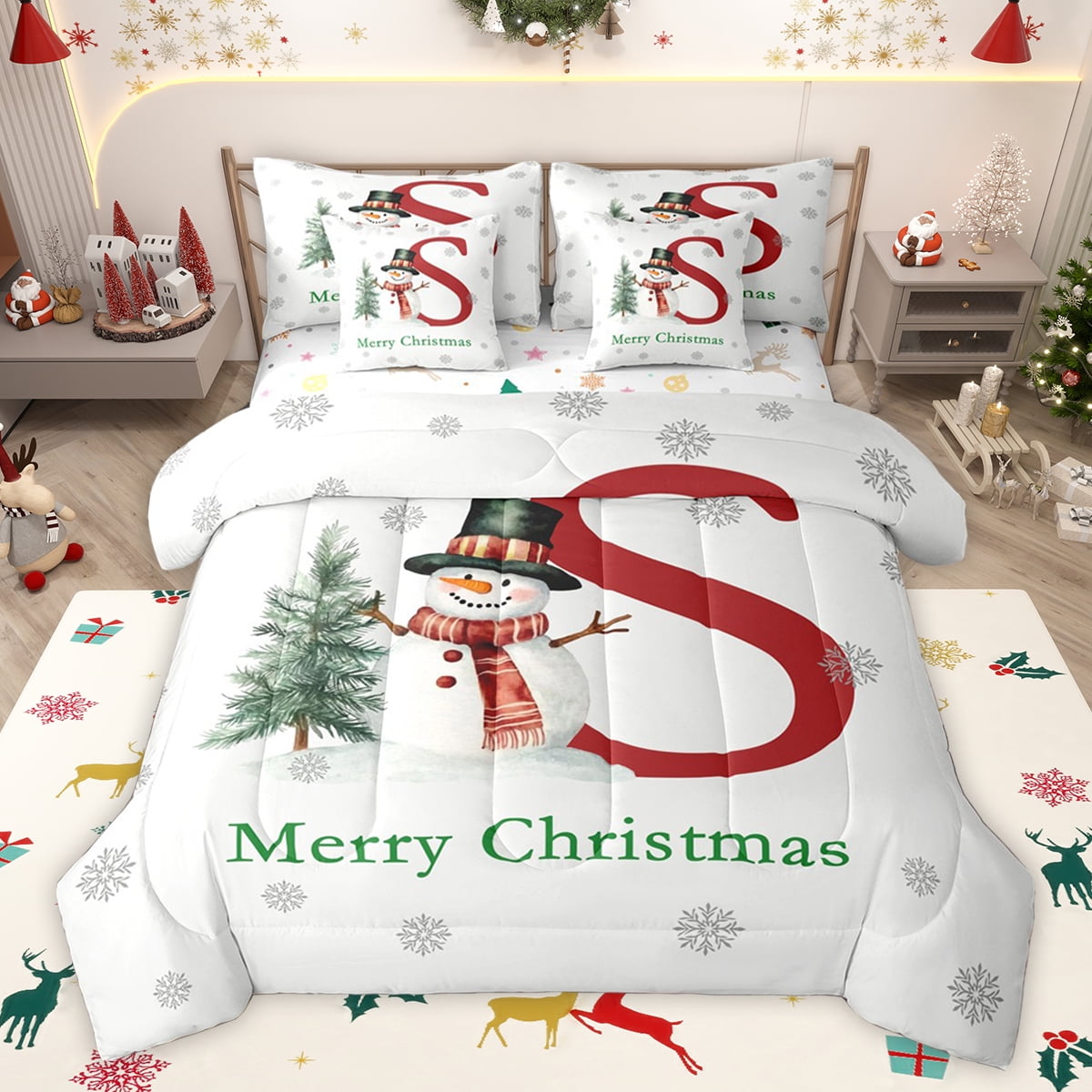 Homewish Kawaii Christmas Snowman Bedding Comforter Set 7pcs, Initial S ...