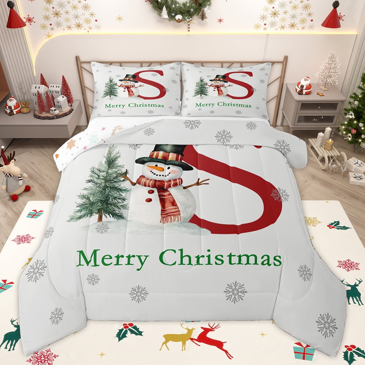 Homewish Kawaii Christmas Snowman Queen Comforter Set, Initial S Letter ...
