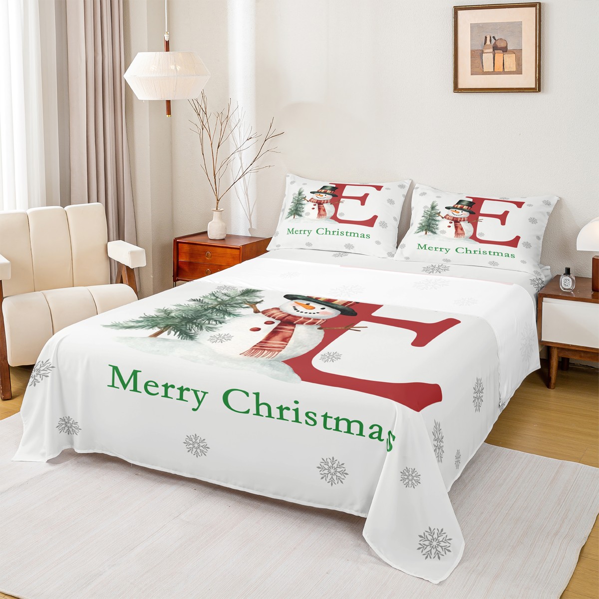 Homewish Kawaii Christmas Snowman Queen Sheet Sets, Initial E Letter ...