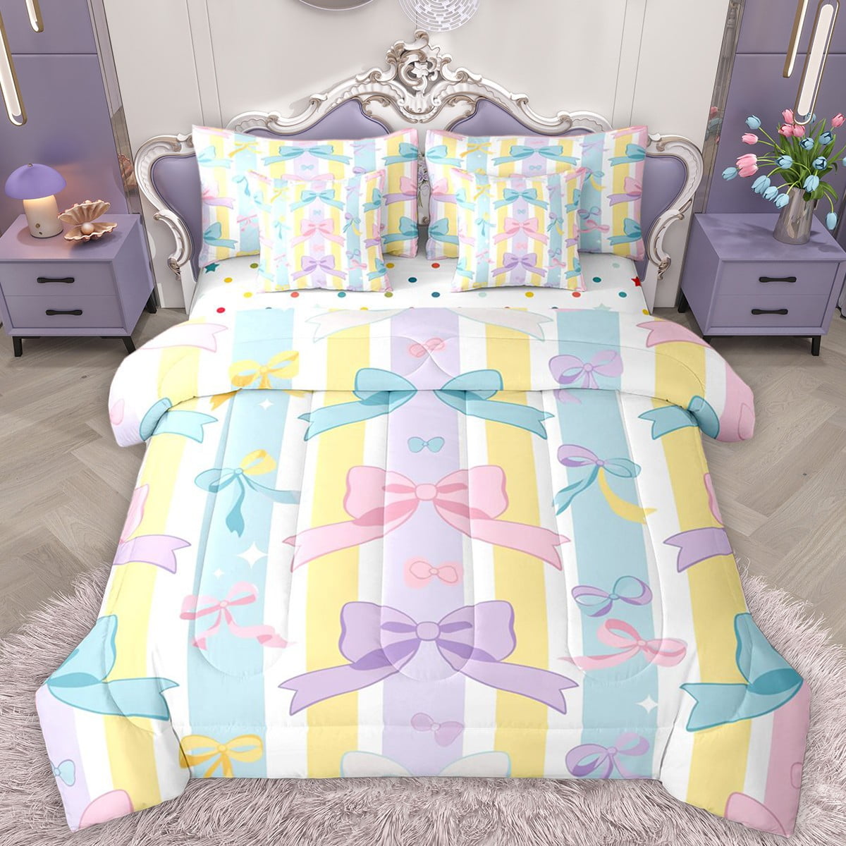 Homewish Kawaii Colorful Bow Twin Bedding Sets 7-Piece for Kids ...