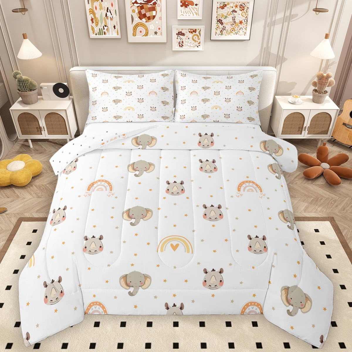 Homewish Kawaii Elephant Rhinoceros 3-Piece Full Size Comforter Sets ...