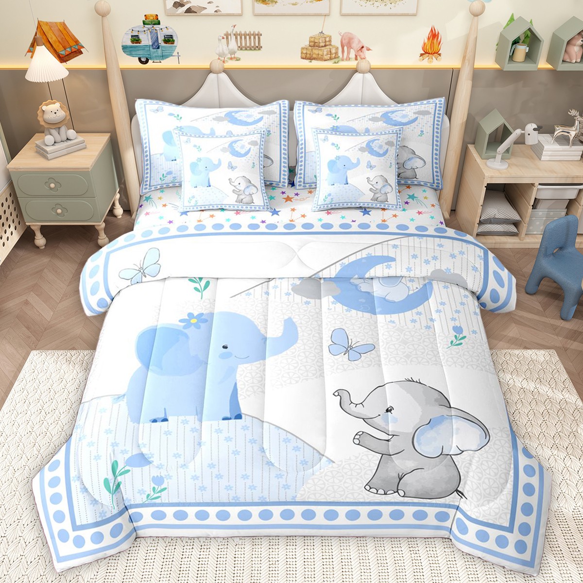 Homewish Kawaii Elephants 7-Piece Bedding Comforter Set For Preppy ...