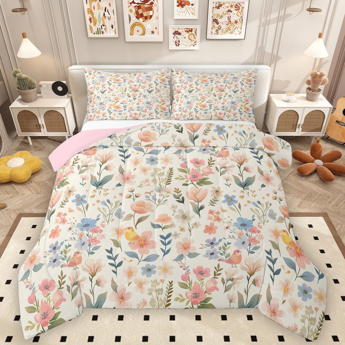 Homewish Kawaii Floral Brid 3-Piece Full Size Comforter Sets For Female ...